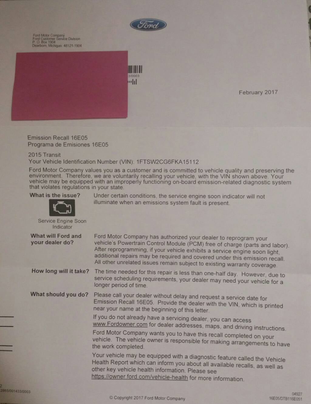 Emissions recall letter | Ford Transit USA Forum