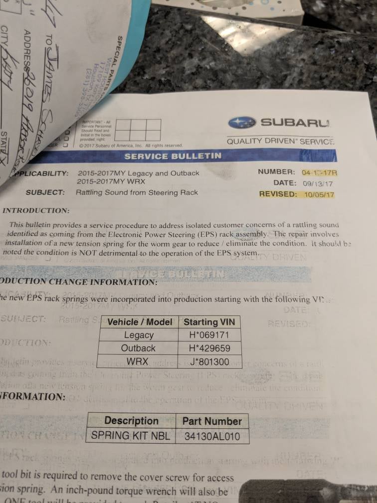Service bulletin: rattle from steering 04-17-17R | Subaru Outback Forums
