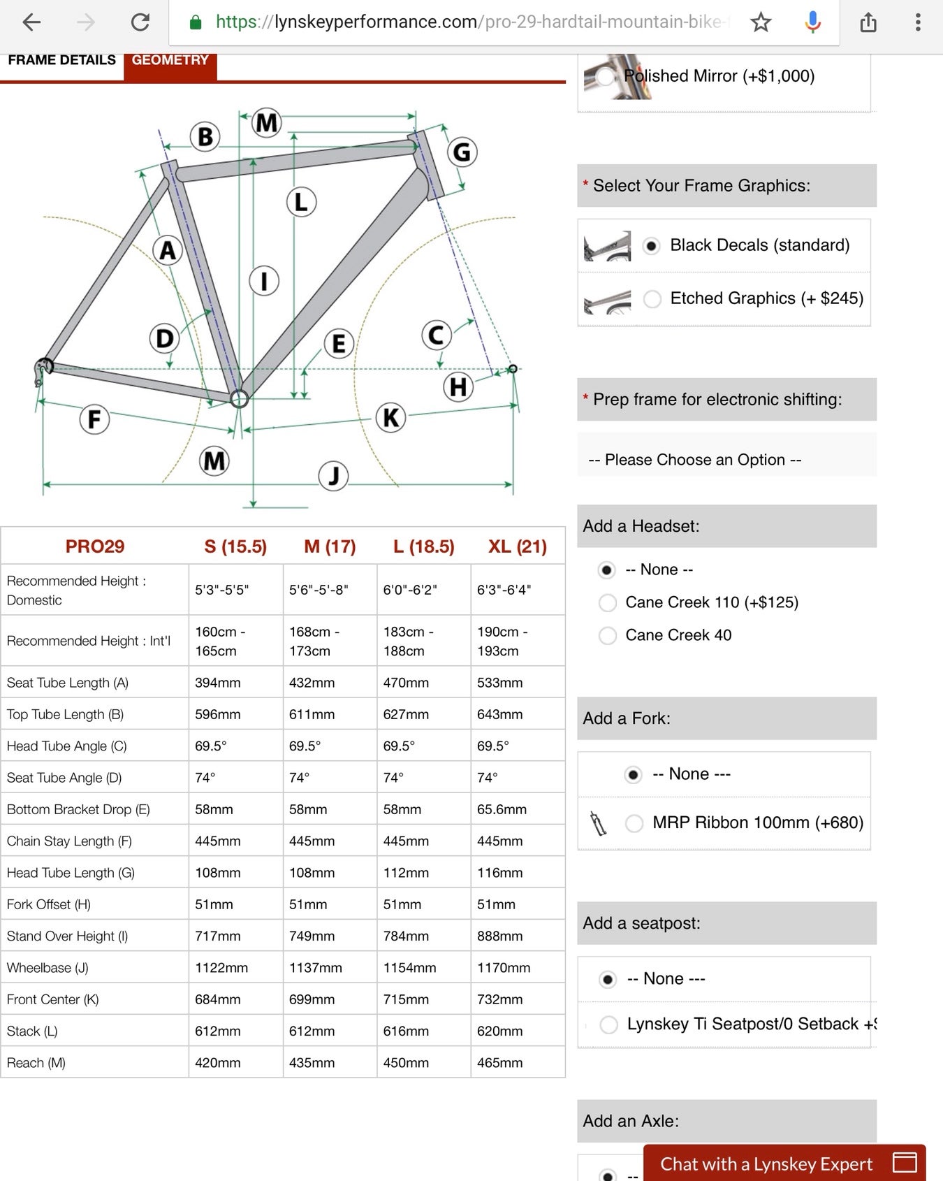2018 Lynskey Sizing | Mountain Bike Reviews Forum