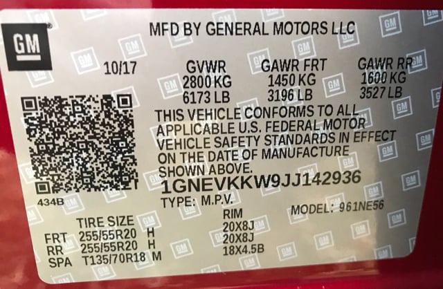 RPO code Sticker location in 2018+ traverse | Traverse Forum