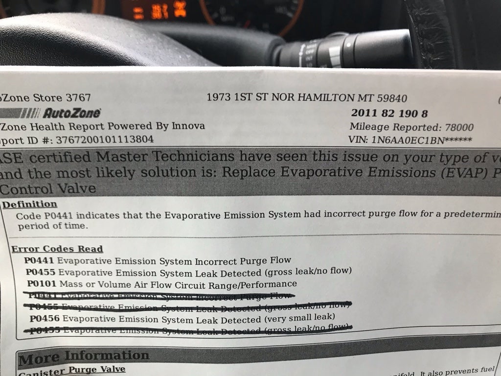Check Engine Code P0441, P0455, P0101, P0456 | Nissan Titan Forum