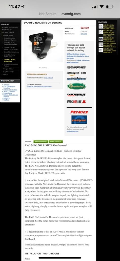 Evo No Limits On Demand Swaybar Disconnect | Jeep Wrangler Forum