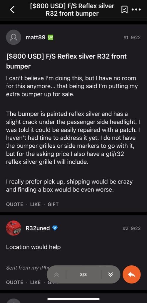 F/S Reflex silver R32 front bumper | VW Vortex - Volkswagen Forum